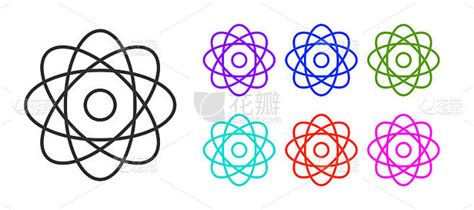 黑线原子图标孤立在白色背景上。象征科学、教育、核物理、科学研究。设置图标丰富多彩。矢量图