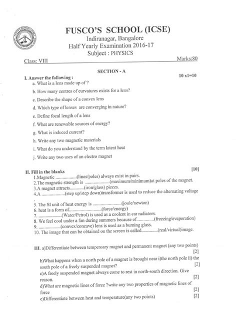 Icse Class Viii Physics Half Yearly Model Exam Pdf