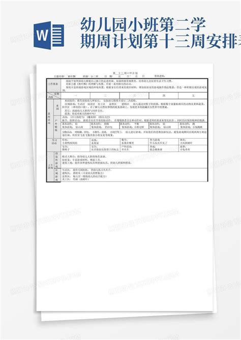 幼儿园小班第二学期周计划第十三周安排表 Word模板下载编号lrkkjopo熊猫办公