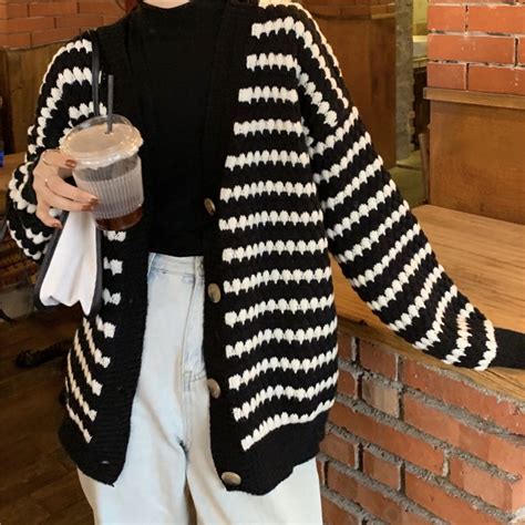 Womens Korean Style Striped Long Sleeve Sweater Coat Knitted Cardigan