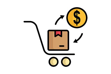 구매 아이콘을 클릭합니다 색상이 지정된 윤곽선 아이콘 스타일입니다 제품과 달러가 있는 쇼핑 카트 조달과 관련된 아이콘입니다 조달 관리 요소 벡터 일러스트 레이 션 가방에