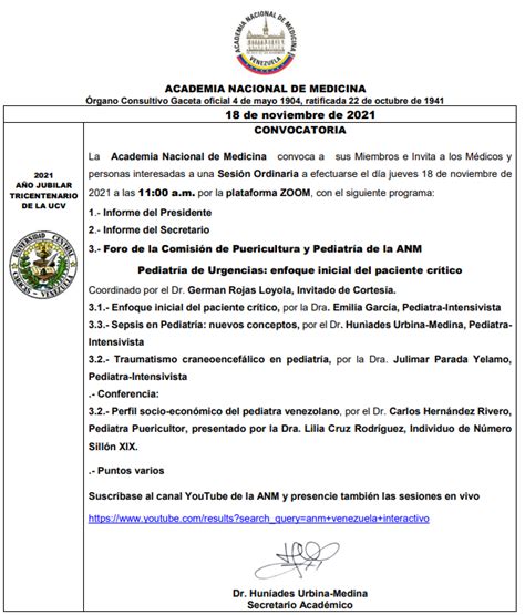 Sd Sesión De La Academia Nacional De Medicina De Venezuela Del 18 De