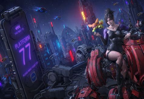 배경 화면 사이버 펑크 공상 과학 소설 여자들 미래의 판타지 소녀 원작자 컨셉 아트 기계 인간 가려움증 건물