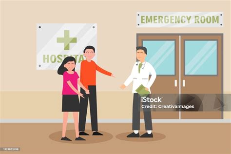 Ilustración De Pareja Joven Pidiendo Médico En La Sala De Emergencias Y