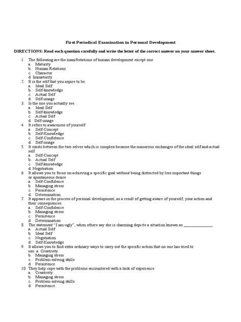 1st Quarterly Exam In Personal Development Sy 2019 2020 Answer Key Pdf Adolescence Self Esteem
