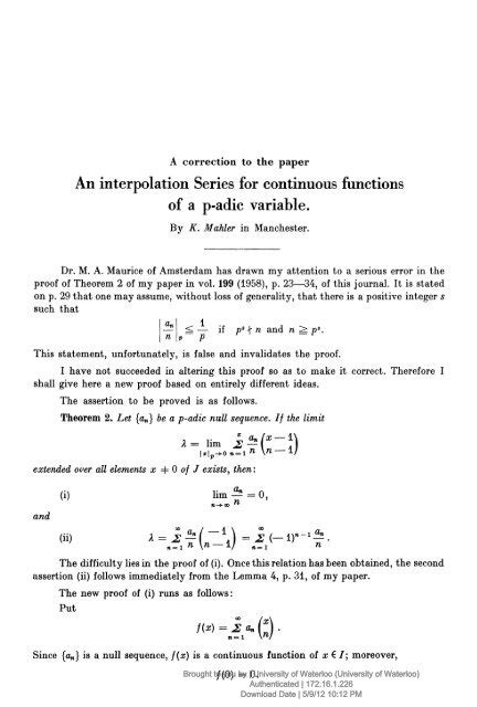 An Interpolation Series For Contimious Functions Of A P Adic Carma