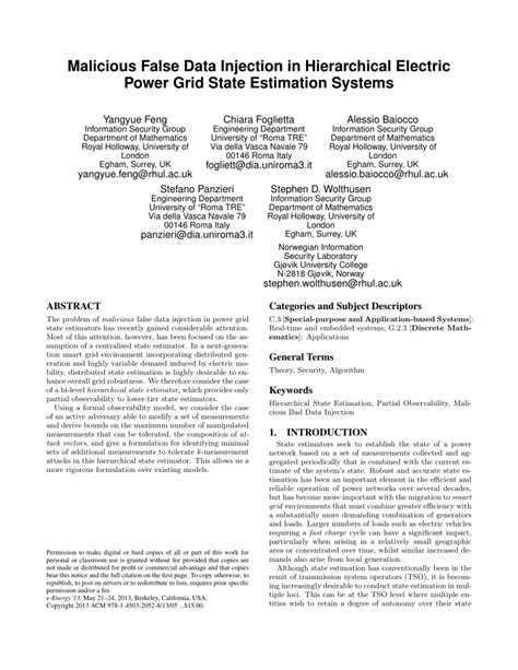 Pdf Malicious False Data Injection In Hierarchical Electric Power