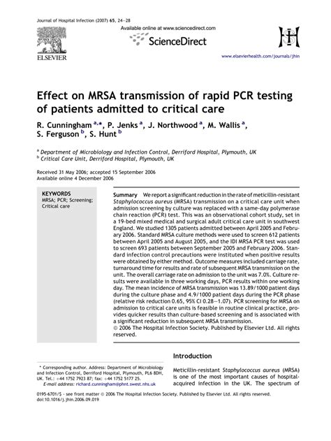 Pdf Effect On Mrsa Transmission Of Rapid Pcr Testing Of Patients Admitted To Critical Care