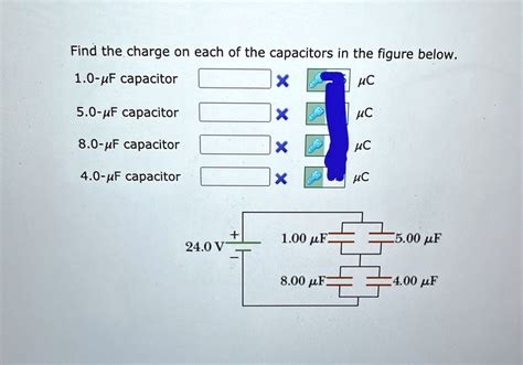 Find The Charge On Each Of The Capacitors In The Figure Below 1 0 µf Capacitor X µc 5 0 µf