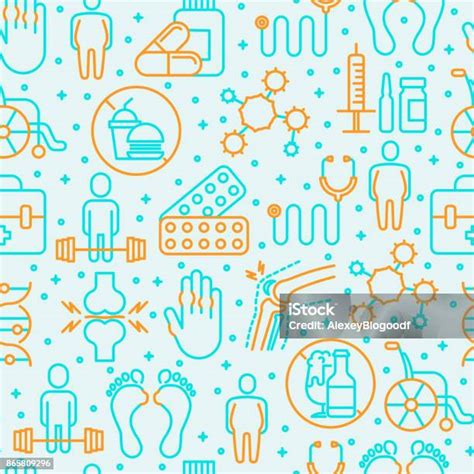 관절염 증상 및 치료의 얇은 선 아이콘으로 원활한 패턴 관절 비만 패스트 푸드 알콜 약 휠체어에 통증 배너 웹 페이지 인쇄 매체에 대 한 벡터 일러스트 건강 진단에 대한