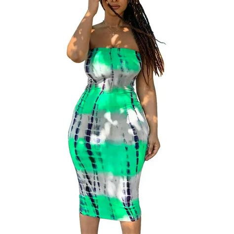 Women Sexy Strapless Dress Adults Summer Sleeveless Gradient Print