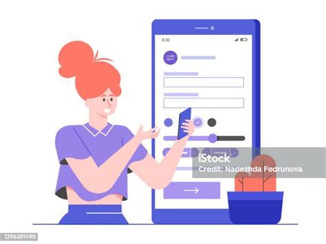 스마트 폰을 가진 소녀 응용 프로그램 설정 인터페이스가있는 대형 장치입니다 사용자 계정 사용자 지정 벡터 플랫 일러스트레이션