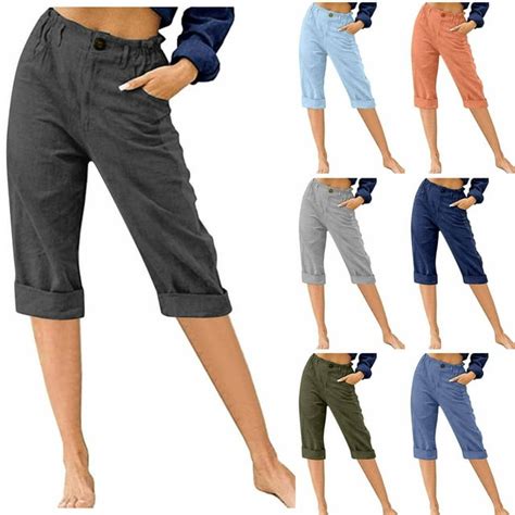 Apexfwdt Womens High Waist Pants Casual Cotton Linen Capri Pants With