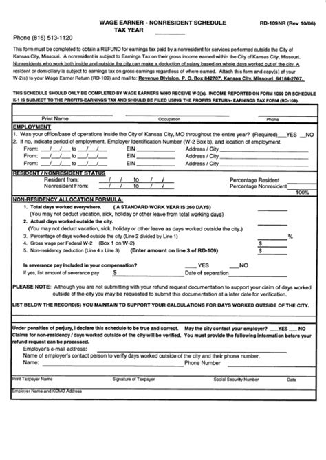 Form Rd 109nr Wage Earner Nonresident Scgedule Form Revenue