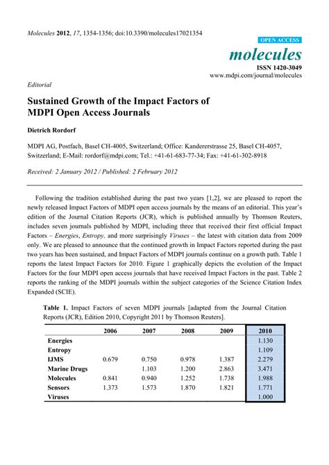 PDF Sustained Growth Of The Impact Factors Of MDPI Open Access Journals