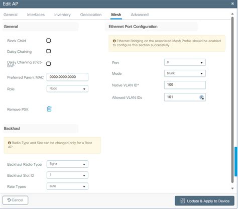configure point to point mesh link with ethernet bridging on embedded wireless controller with
