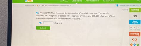 Solved My Ixl Learning Assessment Analytics Seventh Grade D 2 Add And Subtract Decimals Word