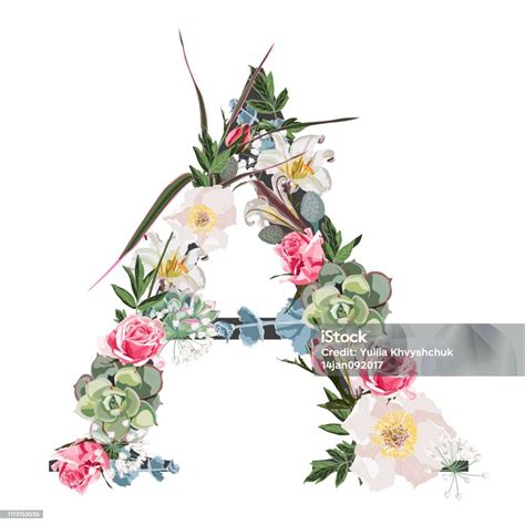 수채화 스타일 꽃과 즙이 많은 꽃과 꽃의 많은 종류와 꽃 모노그램 편지 A 0명에 대한 스톡 벡터 아트 및 기타 이미지 0명