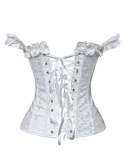 White Sexy Corsets Jacquard Ruffles Off The Shoulder Lace Up Corsets
