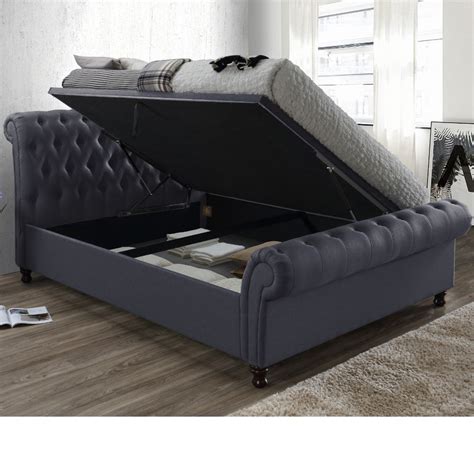Castello Charcoal Fabric Ottoman Scroll Sleigh Bed