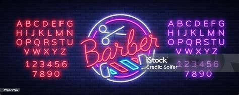 로고 네온 사인 미용실 및 이발소입니다 엠 블 럼 네온 스타일 레이블 밝은 광고 빌보드 광고 배너 발광 배너입니다 벡터 일러스트입니다 텍스트 네온 사인 편집 네온 문자