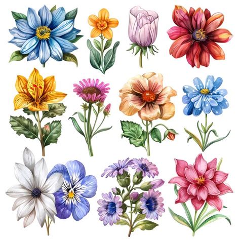 Variety Of Botanical Flower Illustrations In Color Generative Ai