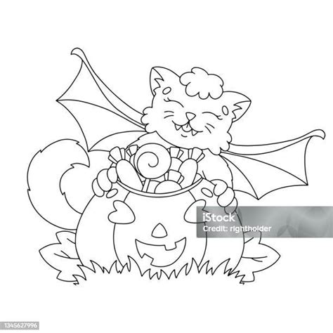 박쥐는 과자 바구니를 발견했다 아이들을위한 색칠 공부 책 페이지 할로윈 테마 만화 스타일의 캐릭터 흰색 배경에서 격리된 벡터 그림입니다 10월에 대한 스톡 벡터 아트 및
