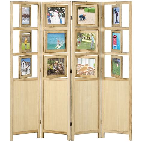 HOMCOM 4 Panel Room Divider 5.6‘ Indoor Wood Portable Folding Privacy Screens with Photo Frames ...