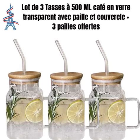 Tasse En Verre 500ml Avec Couvercle Et Paille En Borosilicate Idéale