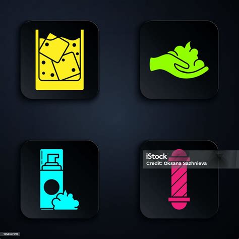 클래식 이발소 장대 위스키와 얼음 조각 유리 면도 젤 폼 및 면도 젤 폼을 손에 넣습니다 검은 색 사각형 버튼 벡터 검은색에 대한 스톡 벡터 아트 및 기타 이미지 Istock