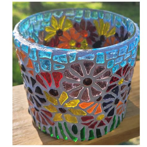 Glass Mosaic Vase Or Candle Holder Stained Glass Vase Floral Stained