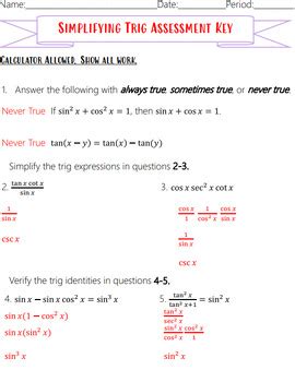 Simplifying Trig Expressions Using Identities Assessment By Pi Ever