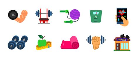 피트니스 아이콘 세트 색상 운동 훈련 및 운동 기호 모음 힘 역도 요가 및 심장 벡터 일러스트 레이 션 체육관 건강 및 웰빙 픽토그램 스포츠 다채로운 개념 0명에 대한 스톡
