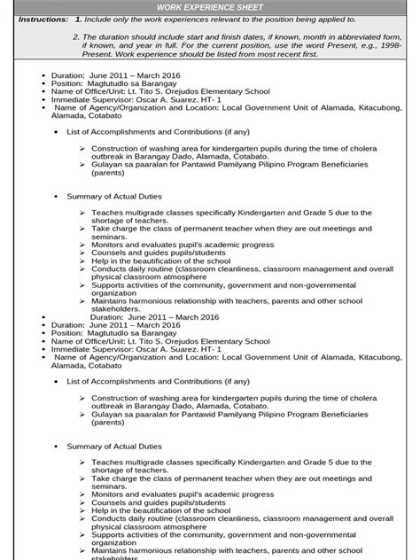 Cs Form No 212 Work Experience Sheet Pdf