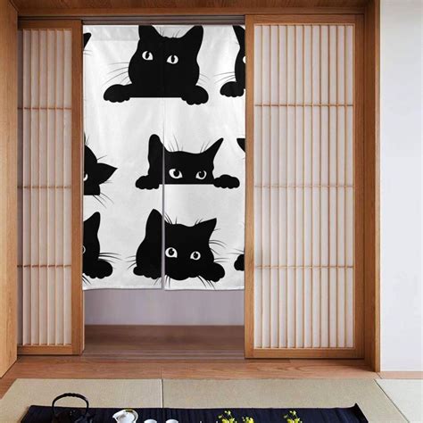 Amazon｜のれん カーテン 角の外を見ている黒猫のセット。あなたをスパイする猫の顔のコレクション 柔らかい おしゃれ 玄関 キッチン