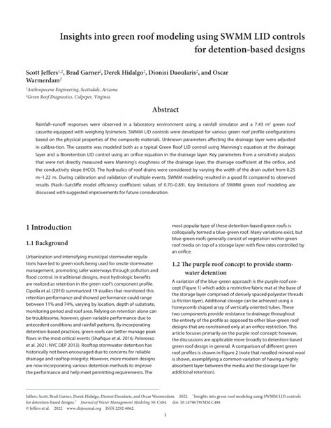 Pdf Insights Into Green Roof Modeling Using Swmm Lid Controls For Detention Based Designs