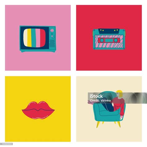 입술 하트 말풍선 오디오 카세트 및 기타 요소가 있는 패션 패치 배지 스티커 핀 만화 8090년대 스타일의 패치의 벡터 일러스트레이션 세트 1980 1989 년에 대한 스톡