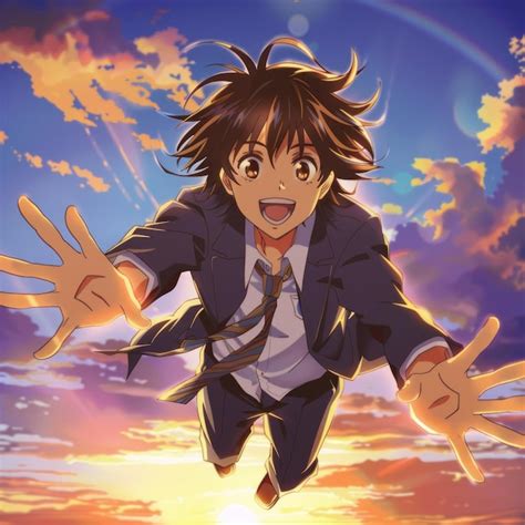 Joyful Anime Boy Falling Through Sky With Arms Outstretched Premium