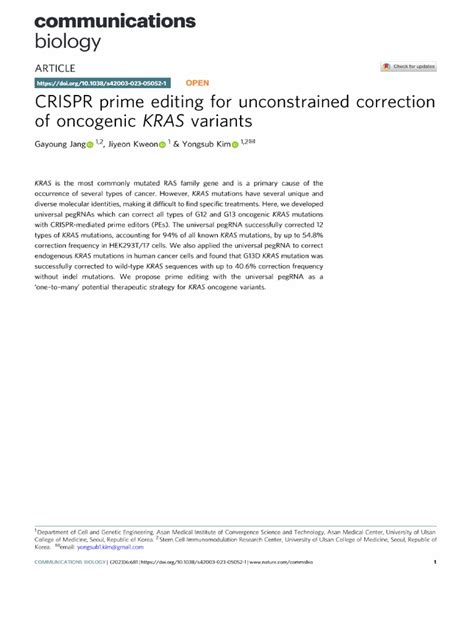 Crispr Prime Editing For Unconstrained Correction Of Oncogenic Kras Variants Enhanced Reader Pdf
