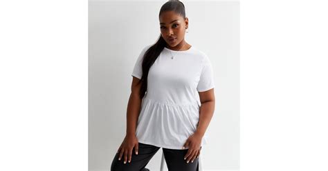 Curves White Cotton Short Sleeve Peplum Top New Look