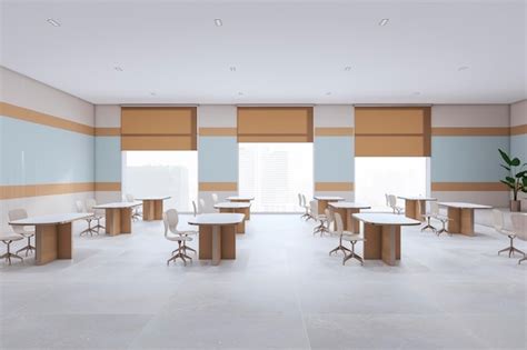 도시 전망 교육 및 강당 개념 3d 렌더링이 있는 책상과 창문이 있는 현대적인 학교 교실 인테리어 프리미엄 사진
