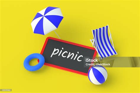 해변 의자 공 우산 구명 부표 근처의 칠판에 비문 피크닉 여름 방학 여행 개념 관광 투어 3d 렌더링 3차원 형태에 대한 스톡