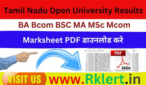 Tamil Nadu Open University Results 2024 BA Bcom BSc MA MSc