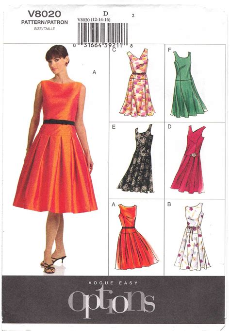 Vogue Easy Options Dress Pattern V8020 Uncut Sizes 12 16 Drop Waist