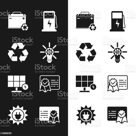 기어 재활용 기호 자동차 배터리 재활용 전기 자동차 충전소 태양 에너지 패널 인증서 템플릿 및 아이콘으로 전구를 설정합니다 벡터 검은색에 대한 스톡 벡터 아트 및 기타
