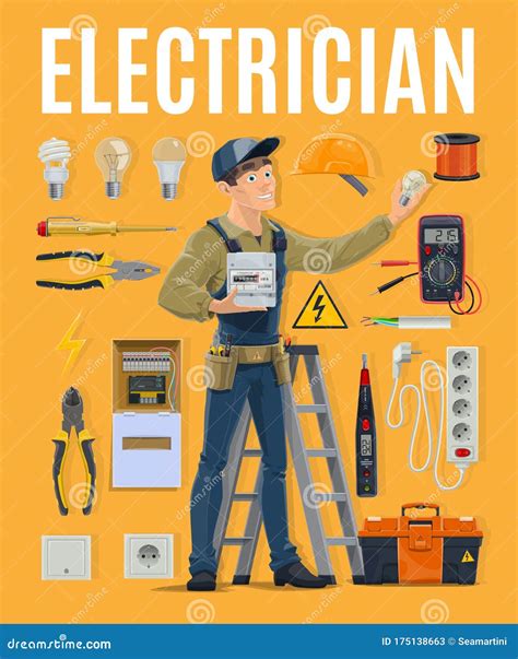 Electrician With Work Equipment Toolbox And Tools Stock Vector