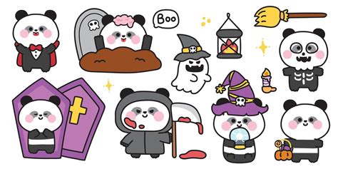 Happy Halloweenset Of Cute Panda Bear In Various Poses Halloween