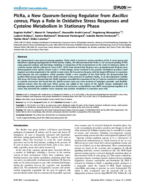 Pdf Plcra Regulates Oxidative Stress And Cysteine Metabolism In B Cereus