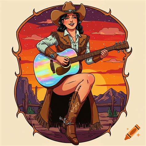 Digital Illustration Of A Cowgirl Playing A Guitar In A Western