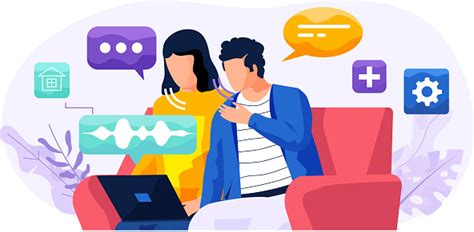 음성 도우미 스마트 스피커 가상 비서 사운드 로봇 음성 제어 스마트 스피커를 사용하는 사람들 Brand Name Online Messaging Platform에 대한 스톡